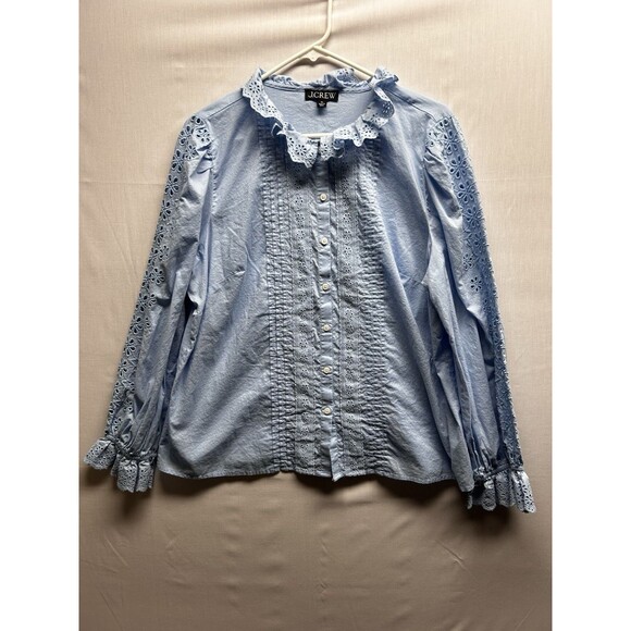 J. Crew Factory | Tops | Jcrew Blouse Blue Cotton Eyelet Ruffle Button Blouse Sz Xl Cottagecore ...